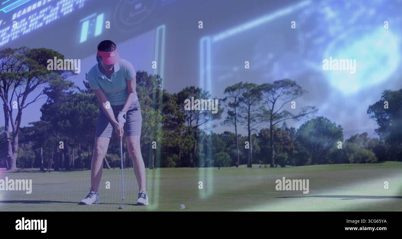 Aligning female golfer wearing visor, polo shirt and golf shoes ...