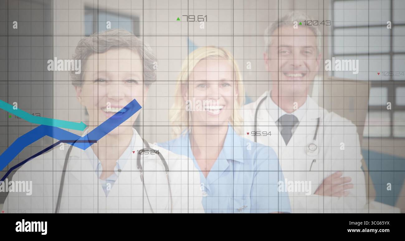 Standing team wearing lab coats, scrubs, nurse caps, stethoscopes in ...
