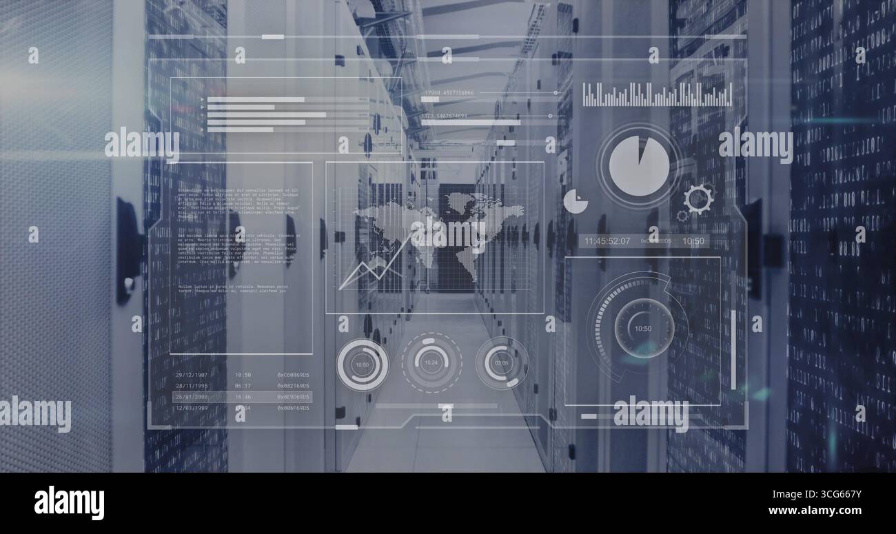 Stretching symmetrical corridor displaying server racks and digital UI ...