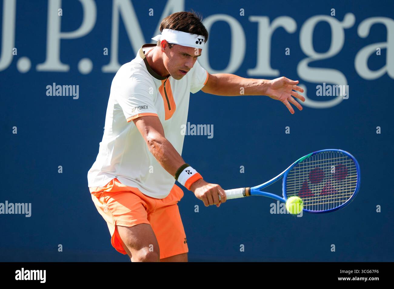 Daniel Altmaier, of Germany, returns a shot to Hamad Medjedovic, of Serbia, during the first ...