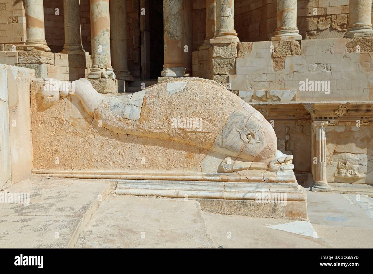 Carved dolphin at the famous Roman theatre of Sabratha in Libya Stock ...