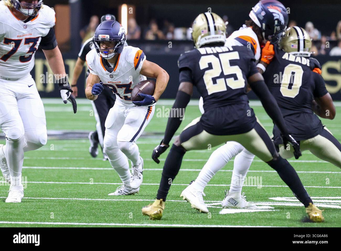 Denver Broncos wide receiver Michael Bandy (83) tries to get past New ...