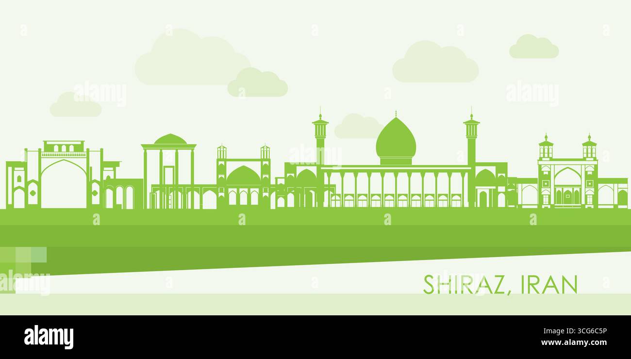 Green Skyline panorama of city of Shiraz, Iran - vector illustration ...