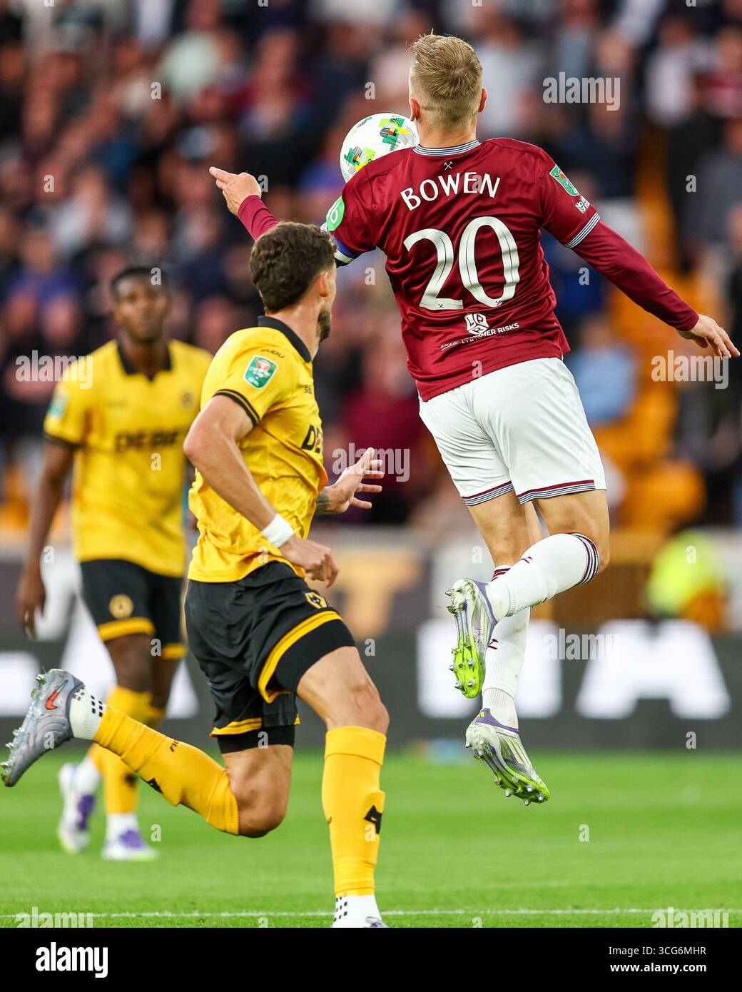 West Ham's Jarrod Bowen controls the ball in the air during the Carabao ...