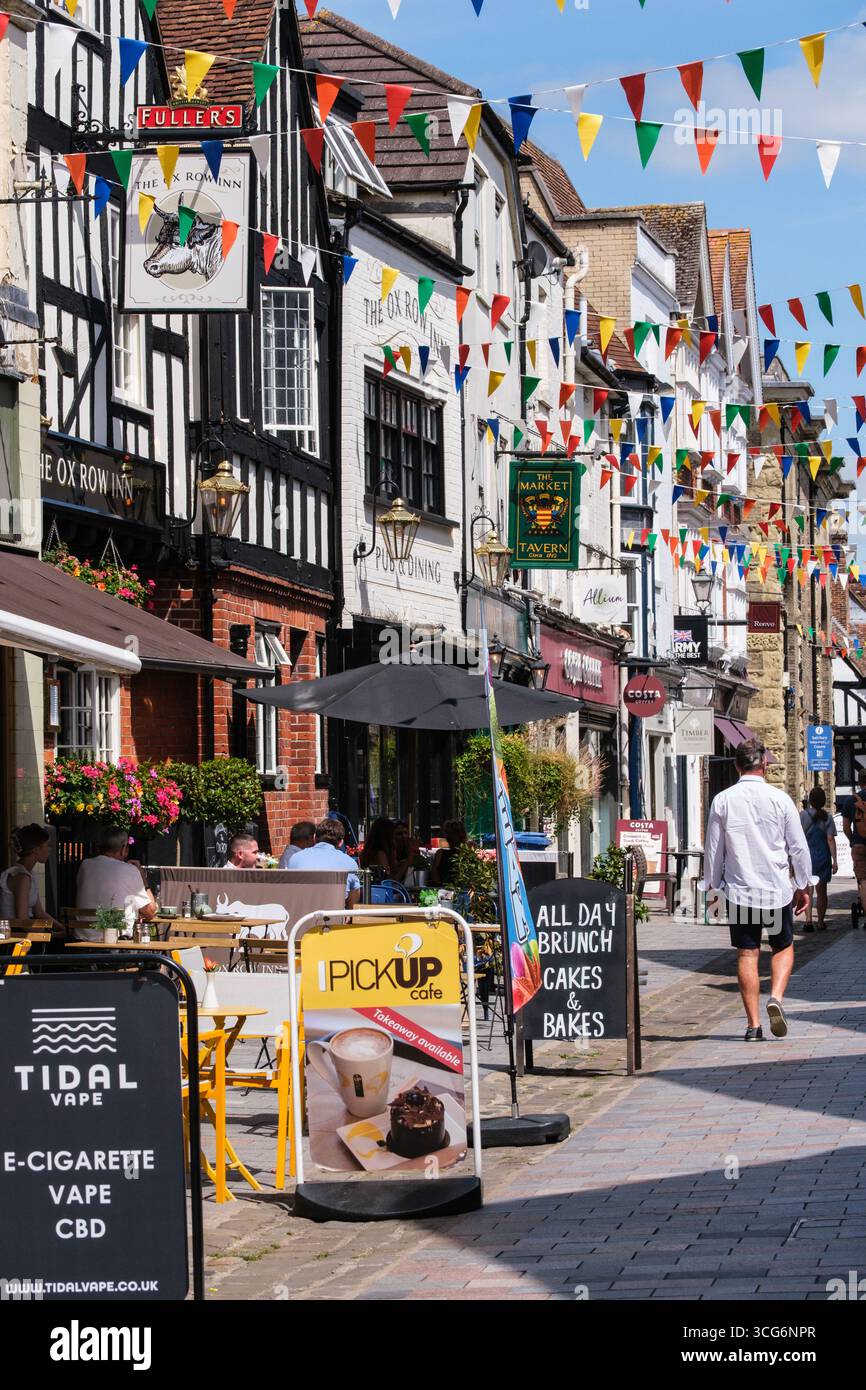 Salisbury, England, U.K. Burcher Row Street Scene with Decorations ...