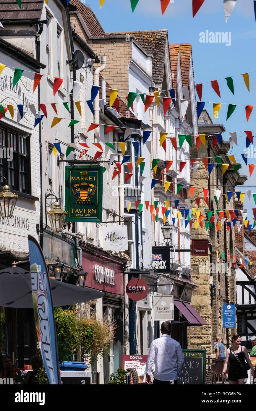 Salisbury, England, U.K. Burcher Row Street Scene with Decorations ...
