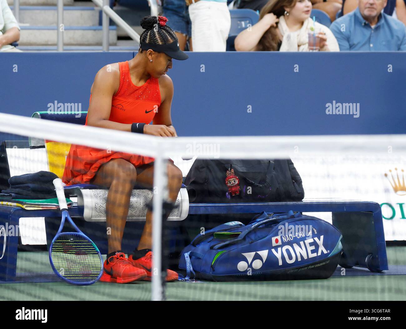 Naomi Osaka of Japan has a Labubu hanging from her bag when she arrives ...