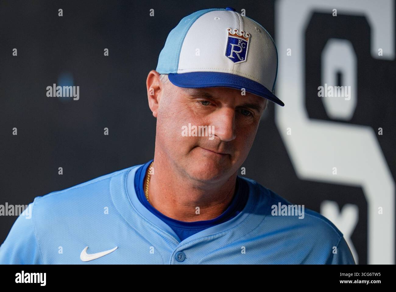Kansas City Royals manager Matt Quatraro stands in the dugout before a ...