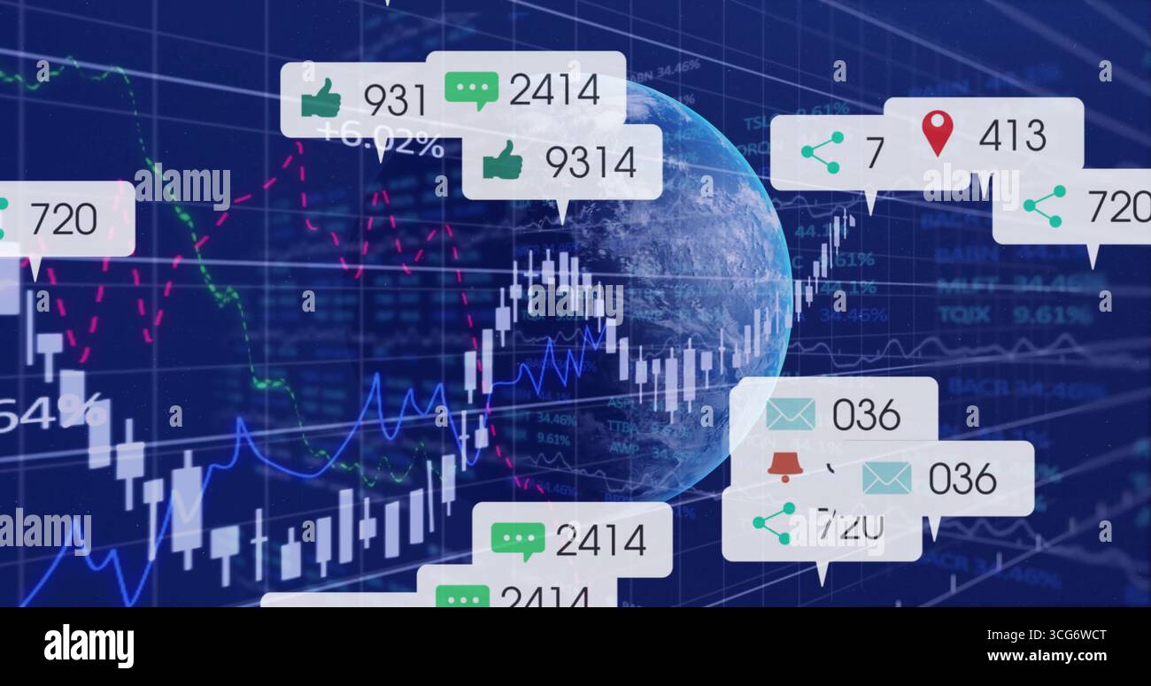 Floating 3D globe over trading grid, with candlestick bars, line graphs ...