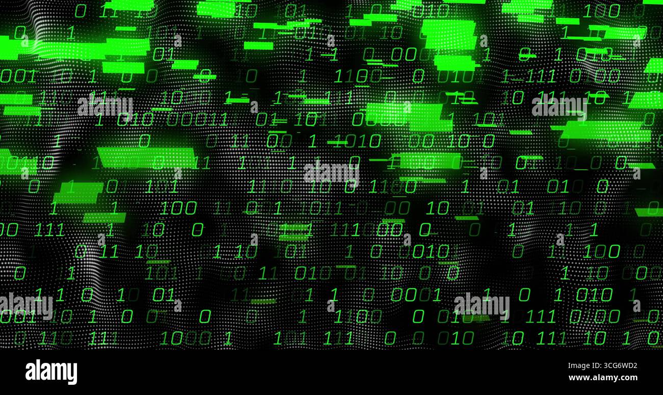 Flowing rows of green binary code rippling on pixelated virtual data grid, with glowing data ...