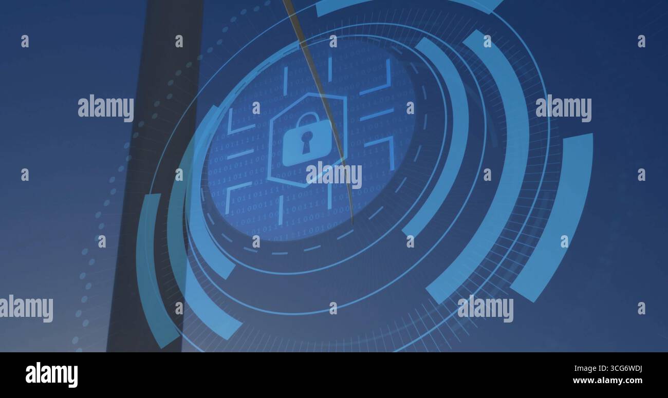 Displaying padlock in hex border on blue interface with HUD rings ...