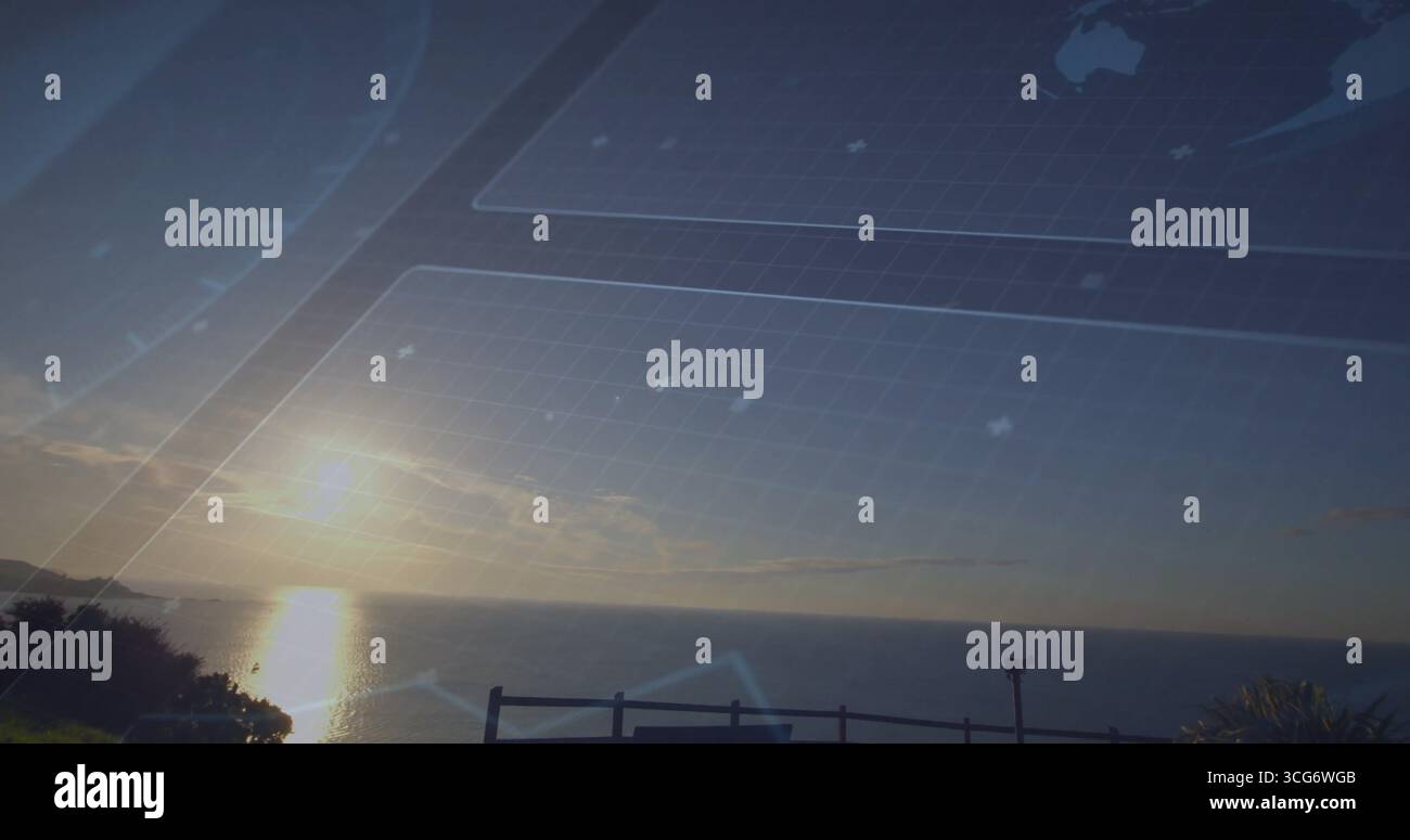 Glowing sun reflecting light on calm sea from coastal deck, with grid ...