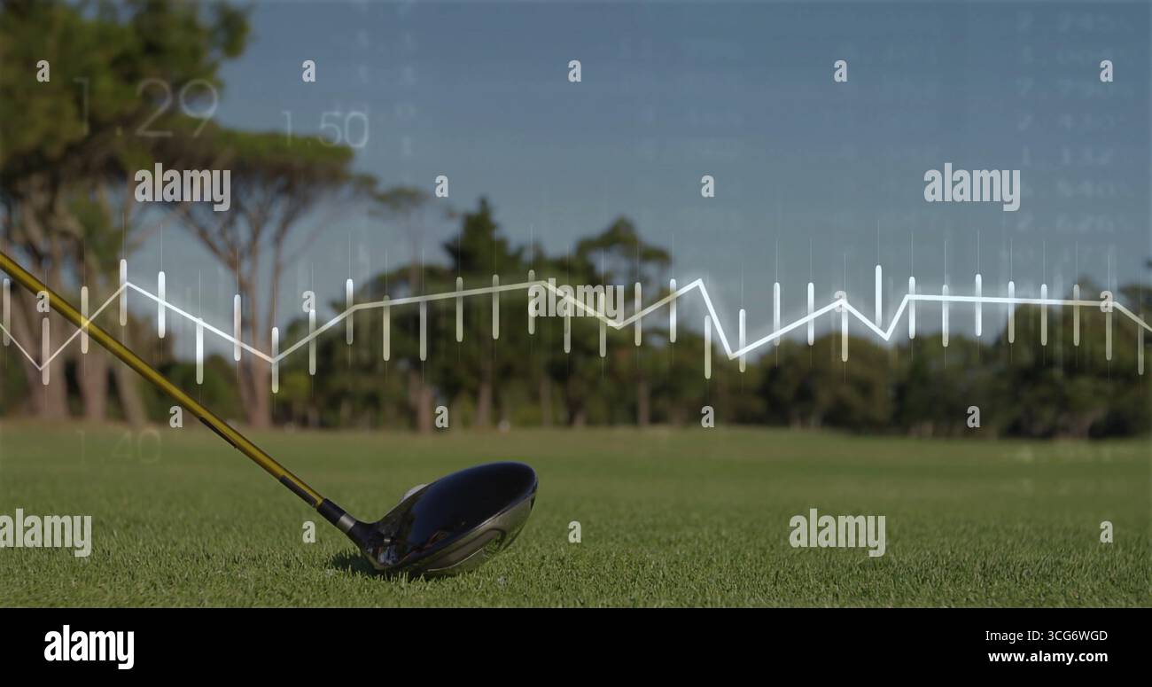 Featuring black golf driver head leaning on fairway grass, with digital ...