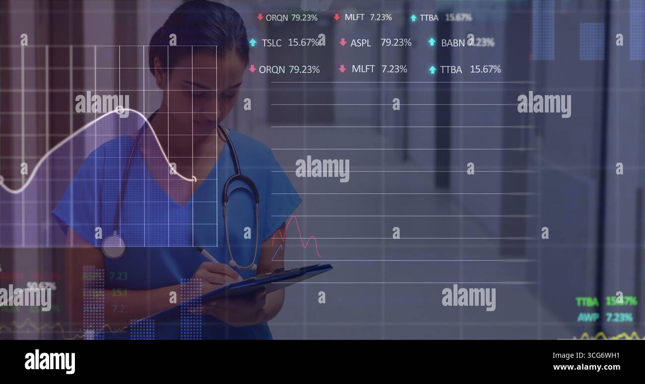 Analyzing digital charts nurse in scrubs writing on clipboard with ...