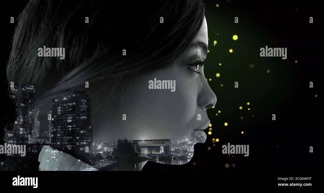 Merging silhouette with night city skyline in studio showcasing green ...