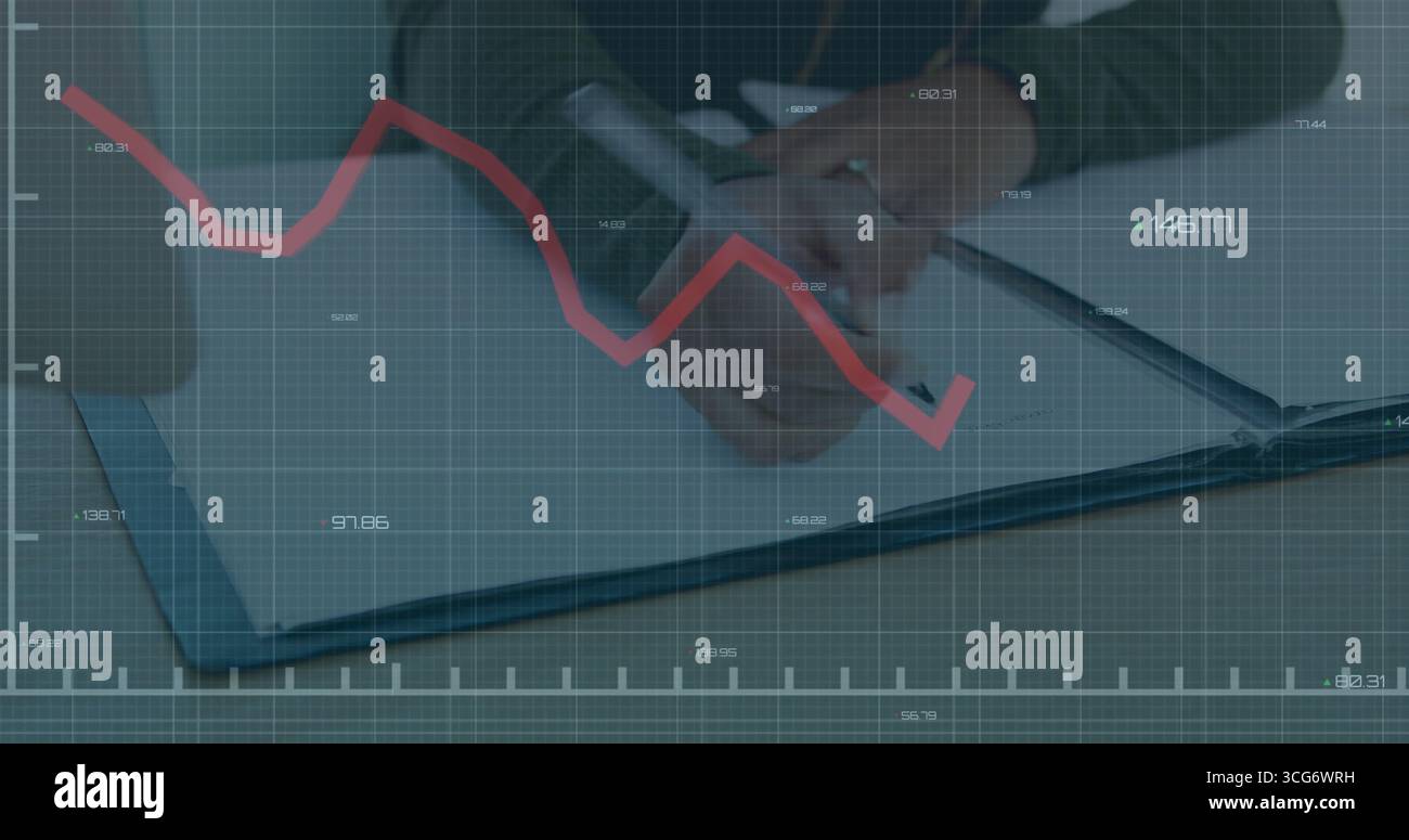 Writing analyst tracing red line graph across notebook on desk, with ...