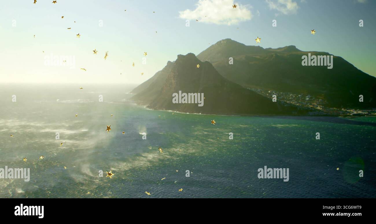 Revealing rugged mountain headland rising from choppy sea with coastal ...