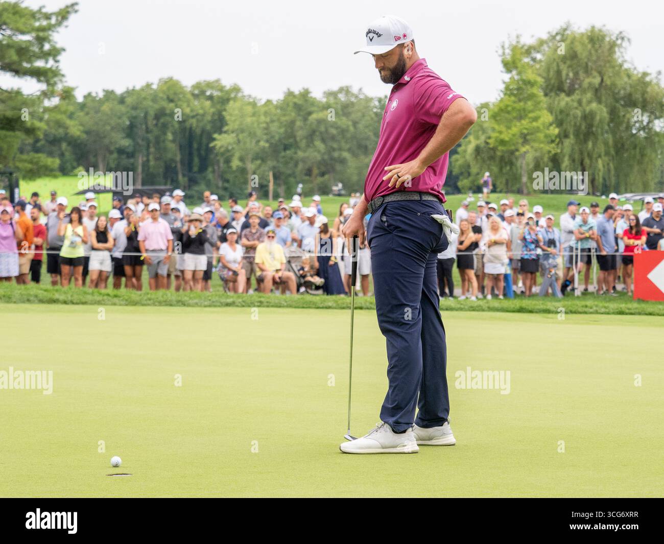 PLYMOUTH, MI - AUGUST 23: Jon Rahm reacts after putting the ball during ...
