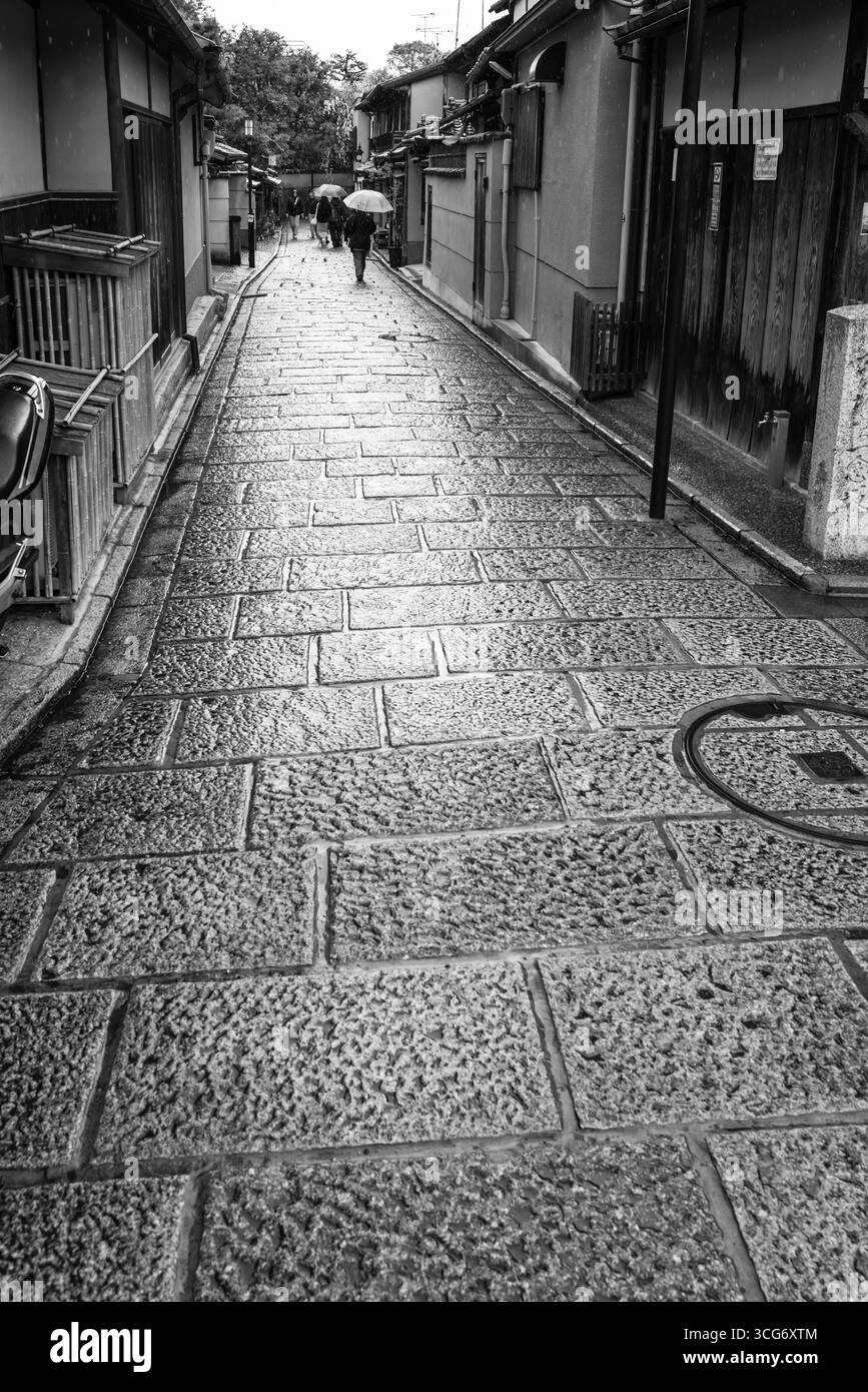 Wet cobblestone street in a traditional Japanese alley, with people ...