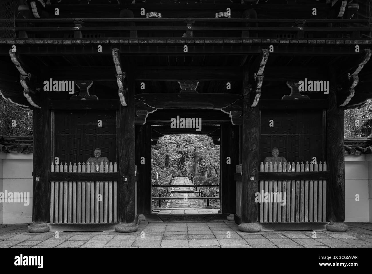 Monochrome view of an intricately designed Japanese Romon Tower Gate ...