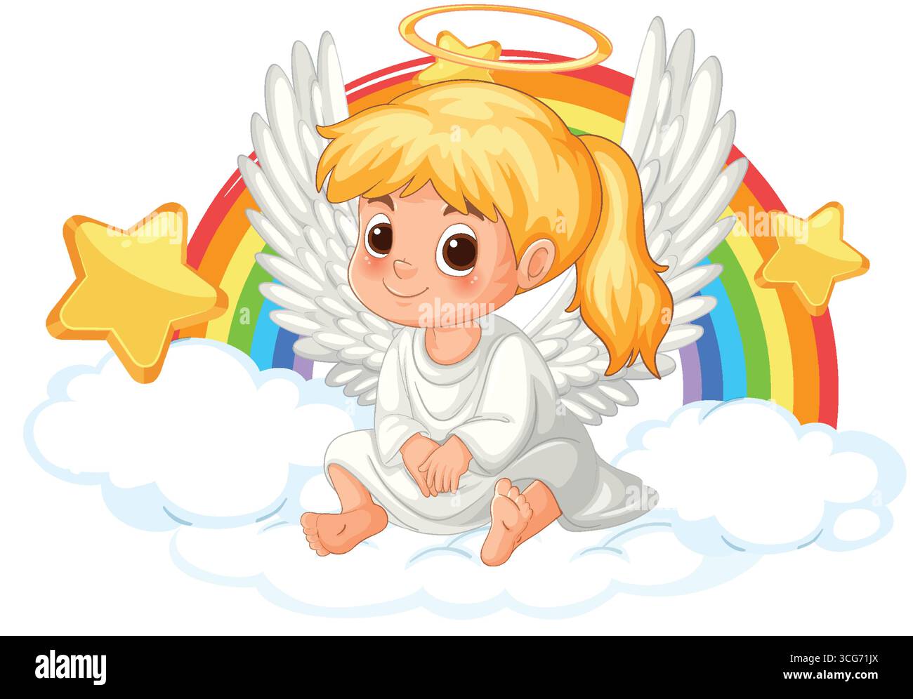 Blonde angel girl with halo and wings sits on clouds, surrounded by ...