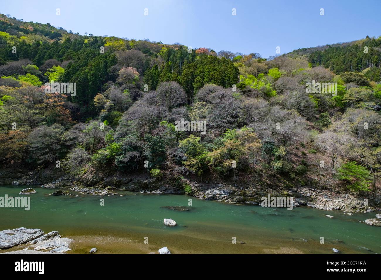 Katsura River valley seen from Sagano romantic train, Ukyo Ward, Kyoto ...
