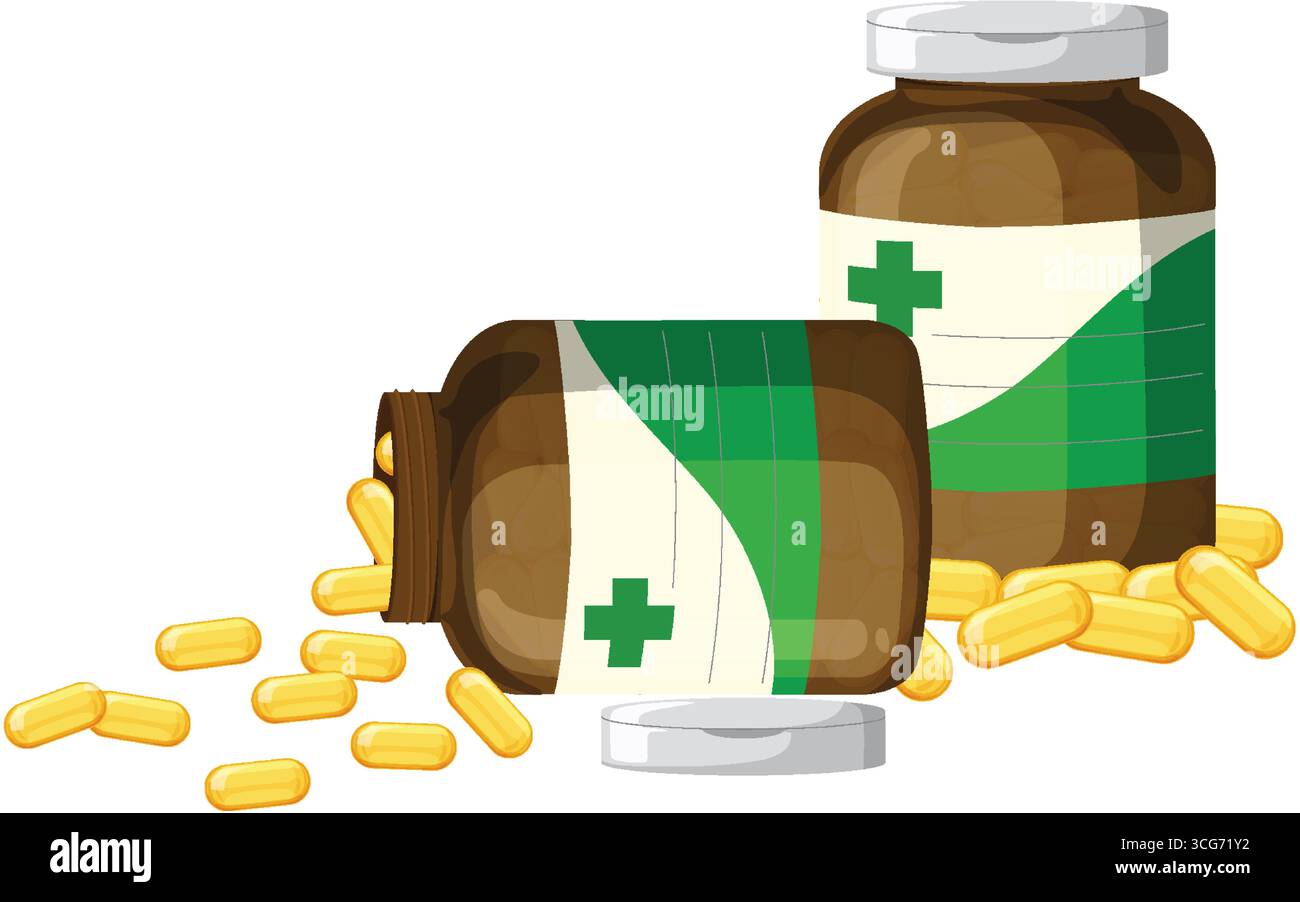 Vector illustration of two brown medicine bottles with green labels and ...