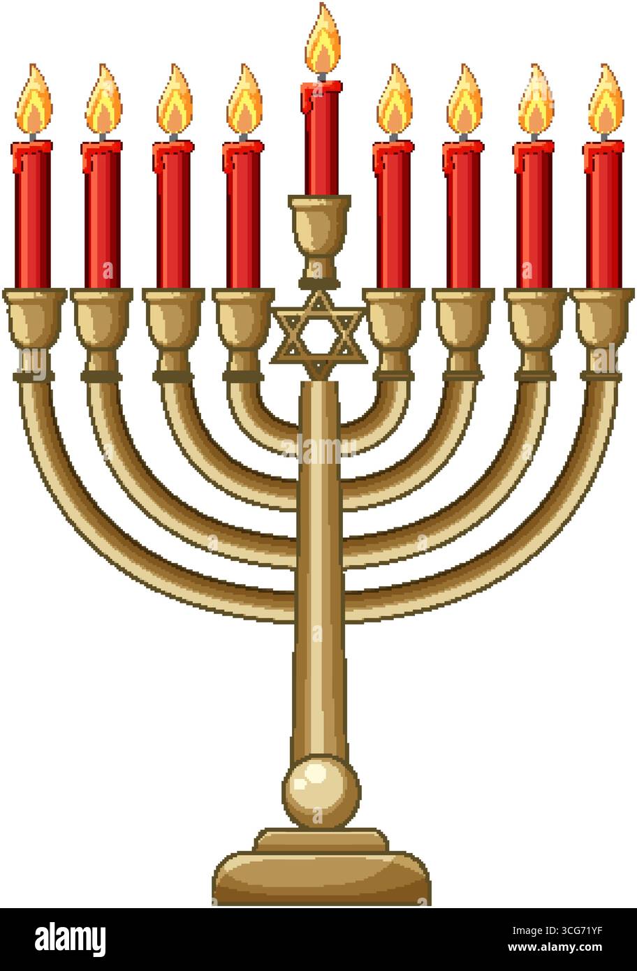 Vector illustration of menorah with nine burning candles, gold base ...