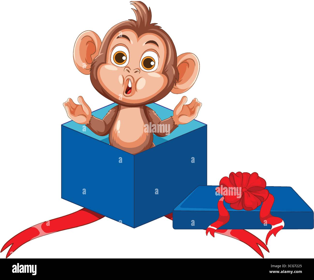 Cartoon monkey with wide eyes pops from blue gift box with red ribbon ...