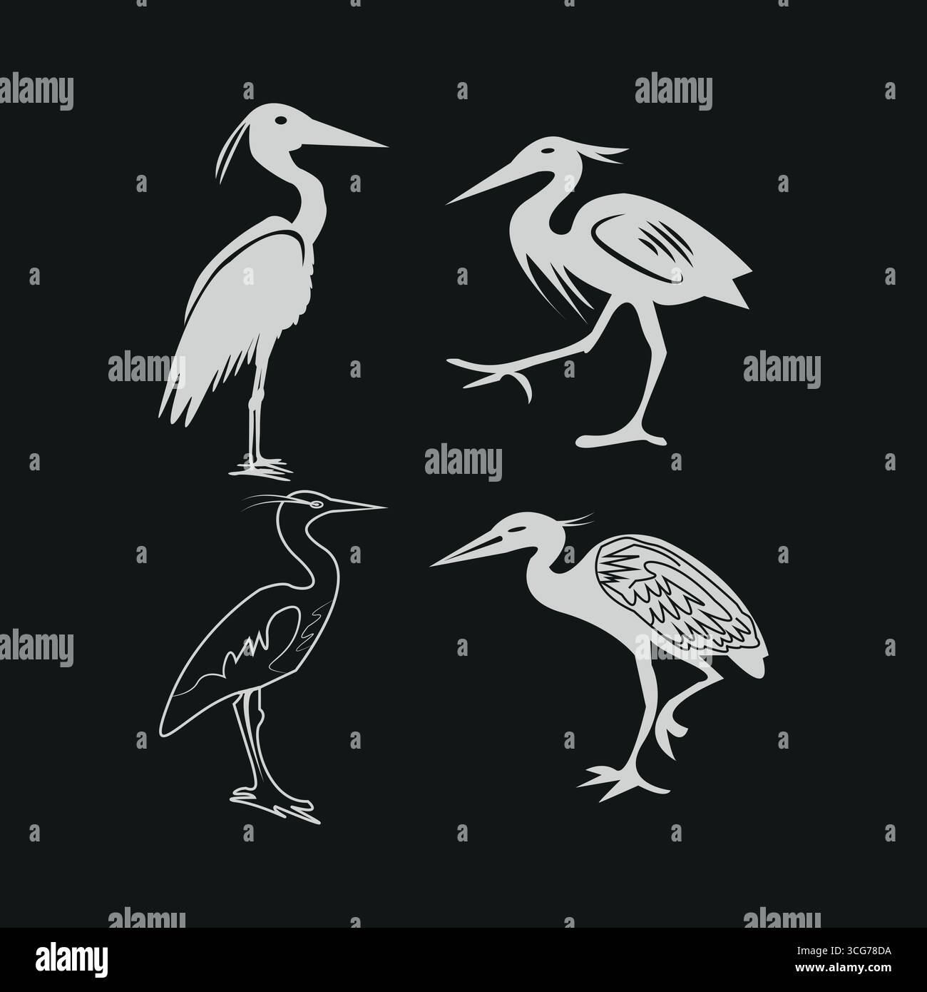 Set of Heron Bird Silhouettes and Line Art Vector Illustrations on ...
