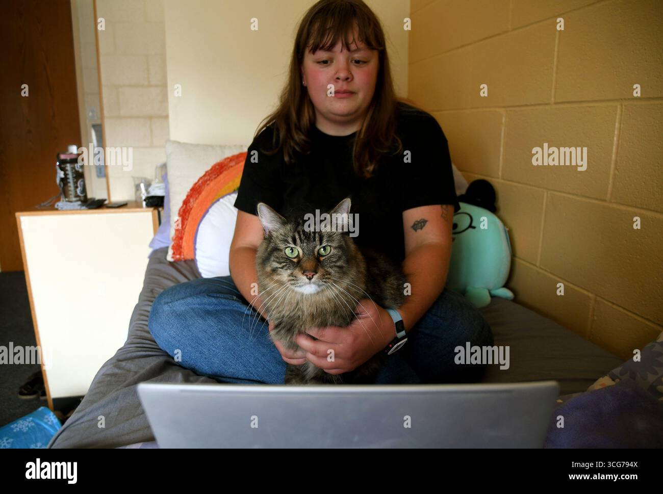 Student Molly Cheer sits with her pet comfort cat, Louie, in her dorm ...