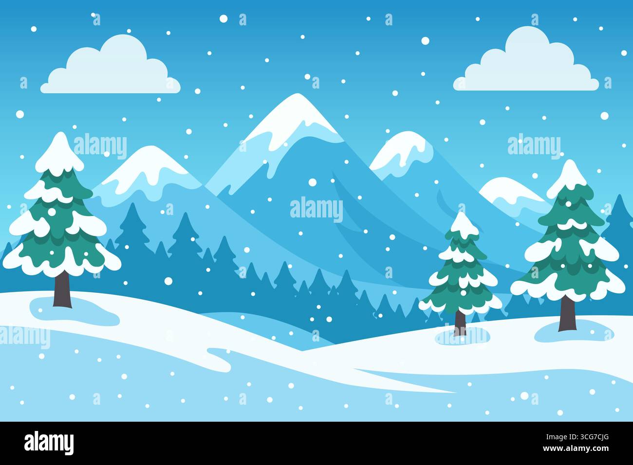 Cute cartoon winter landscape with snowy mountains, pine trees and ...