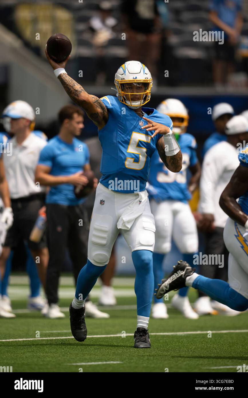 Los Angeles Chargers quarterback Trey Lance (5) throws a pass before an ...