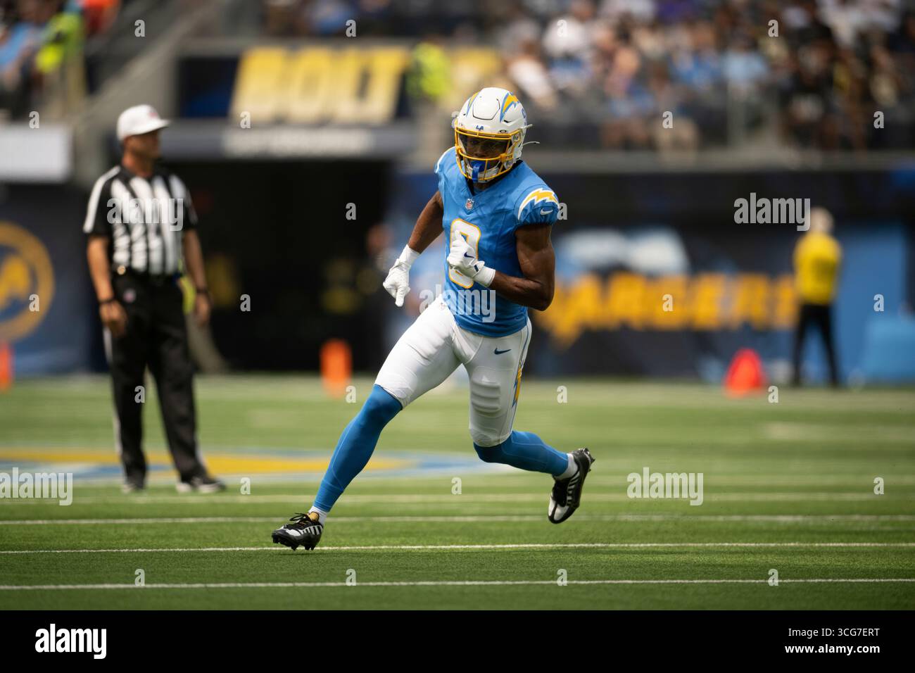 Los Angeles Chargers wide receiver Tre Harris (9) runs during an NFL ...