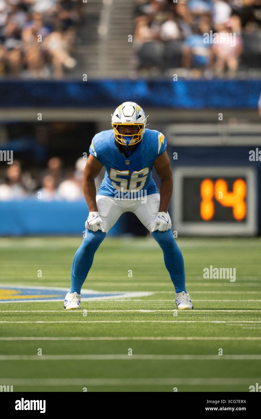 Los Angeles Chargers linebacker Kana'i Mauga (56) takes his stance ...