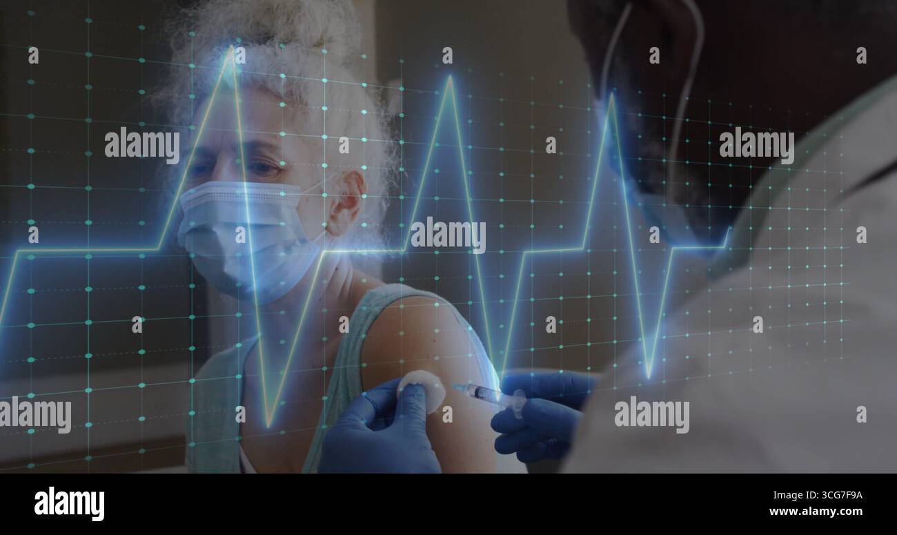 Patient in sleeveless top receiving vaccination in exam room, with syringe and digital overlay ...