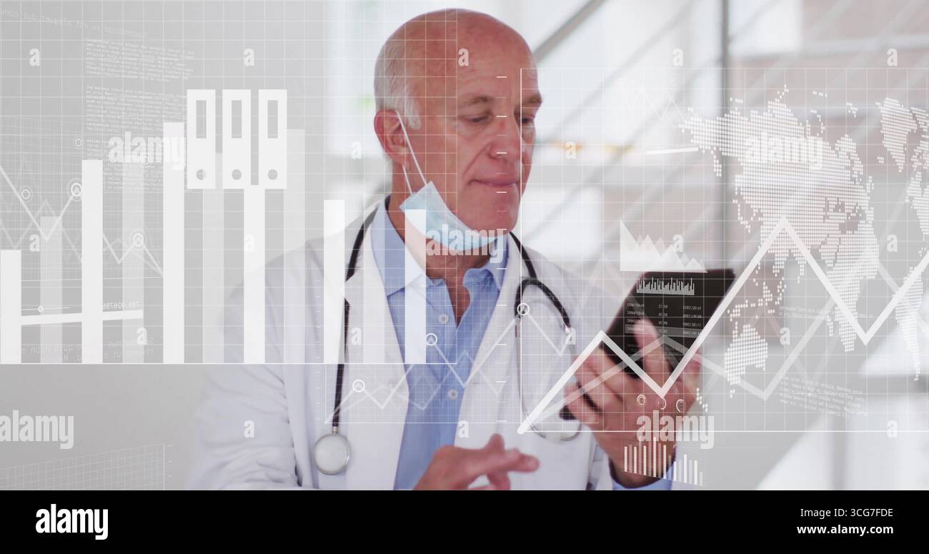 Doctor wearing lab coat, stethoscope and mask tapping smartphone screen ...
