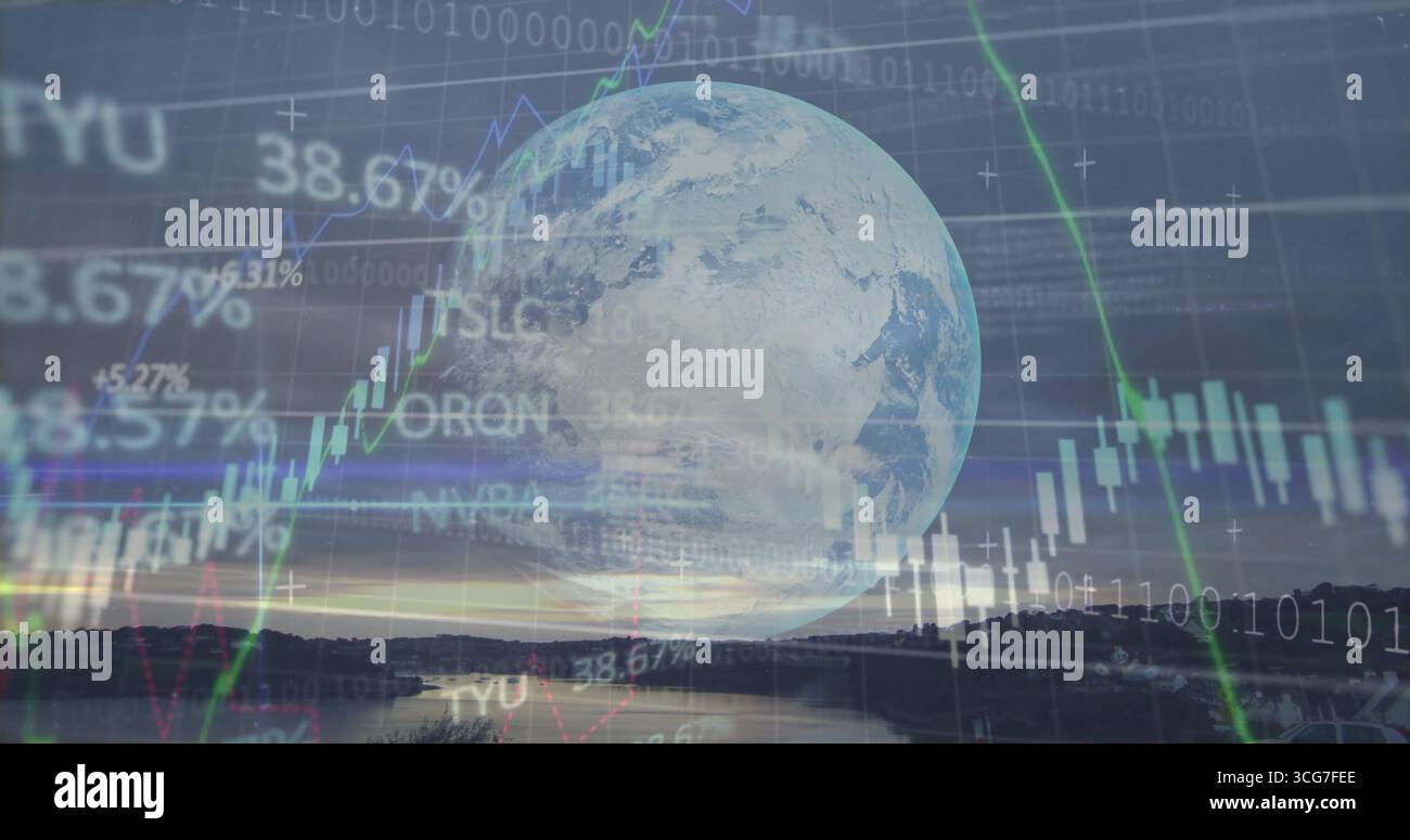 Displaying Earth globe overlaying candlestick charts and line graphs at riverside, with binary ...