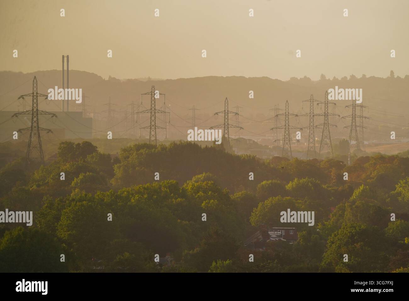 Wimbledon London, UK. 27 August 2025. Electricity transmission towers ...