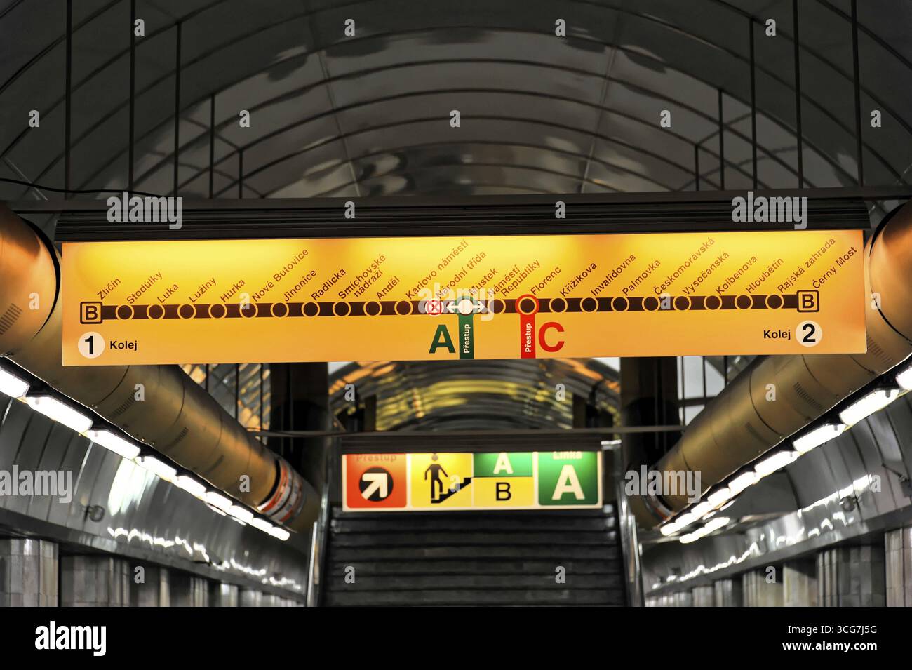 Metro station with illuminated line map and modern elements, Prague ...