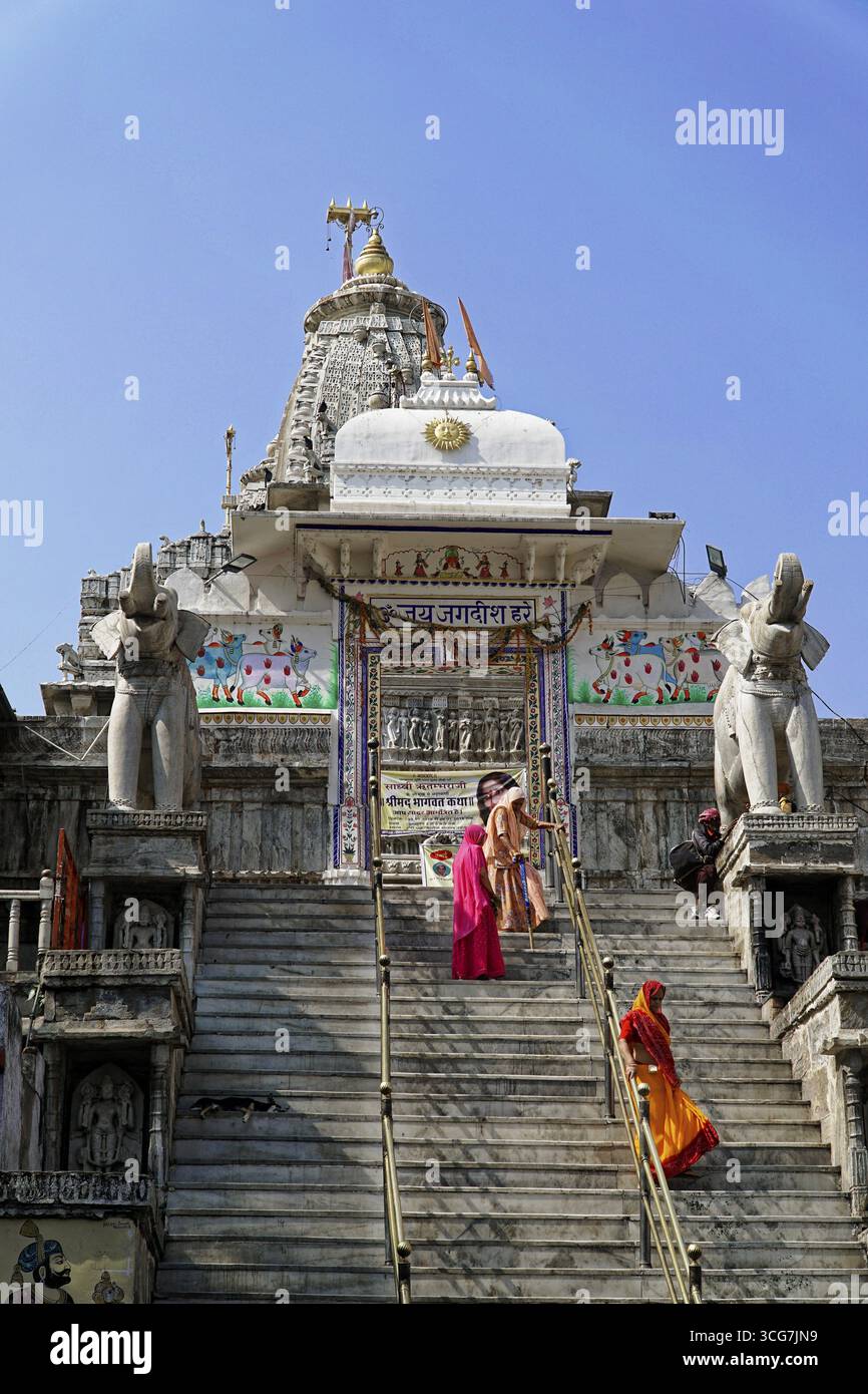 Entrance to Jagdish Temple, Udaipur, people climb the steps to a temple ...