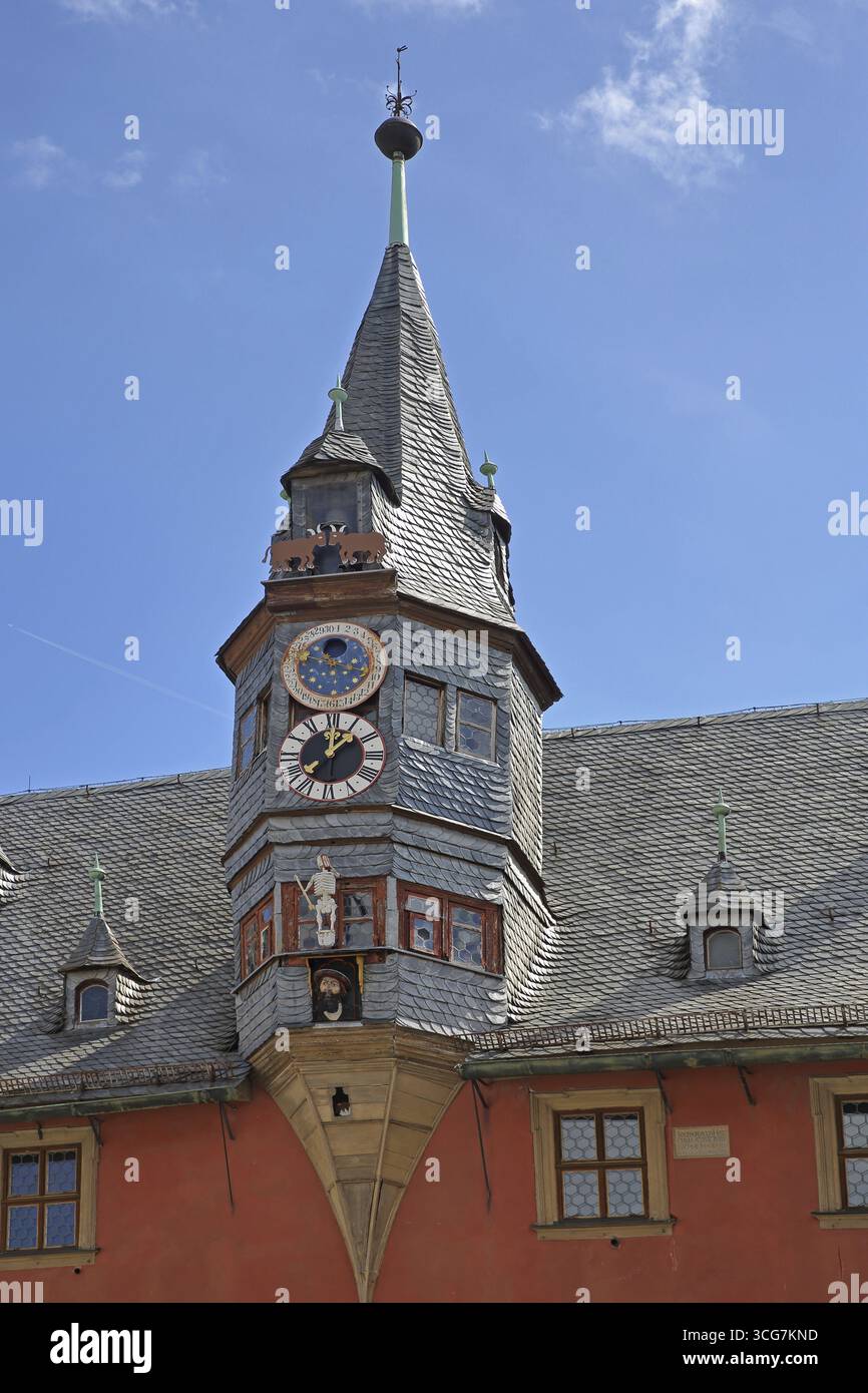 Lancet turret with astronomical clock and heraldic animal of town hall ...