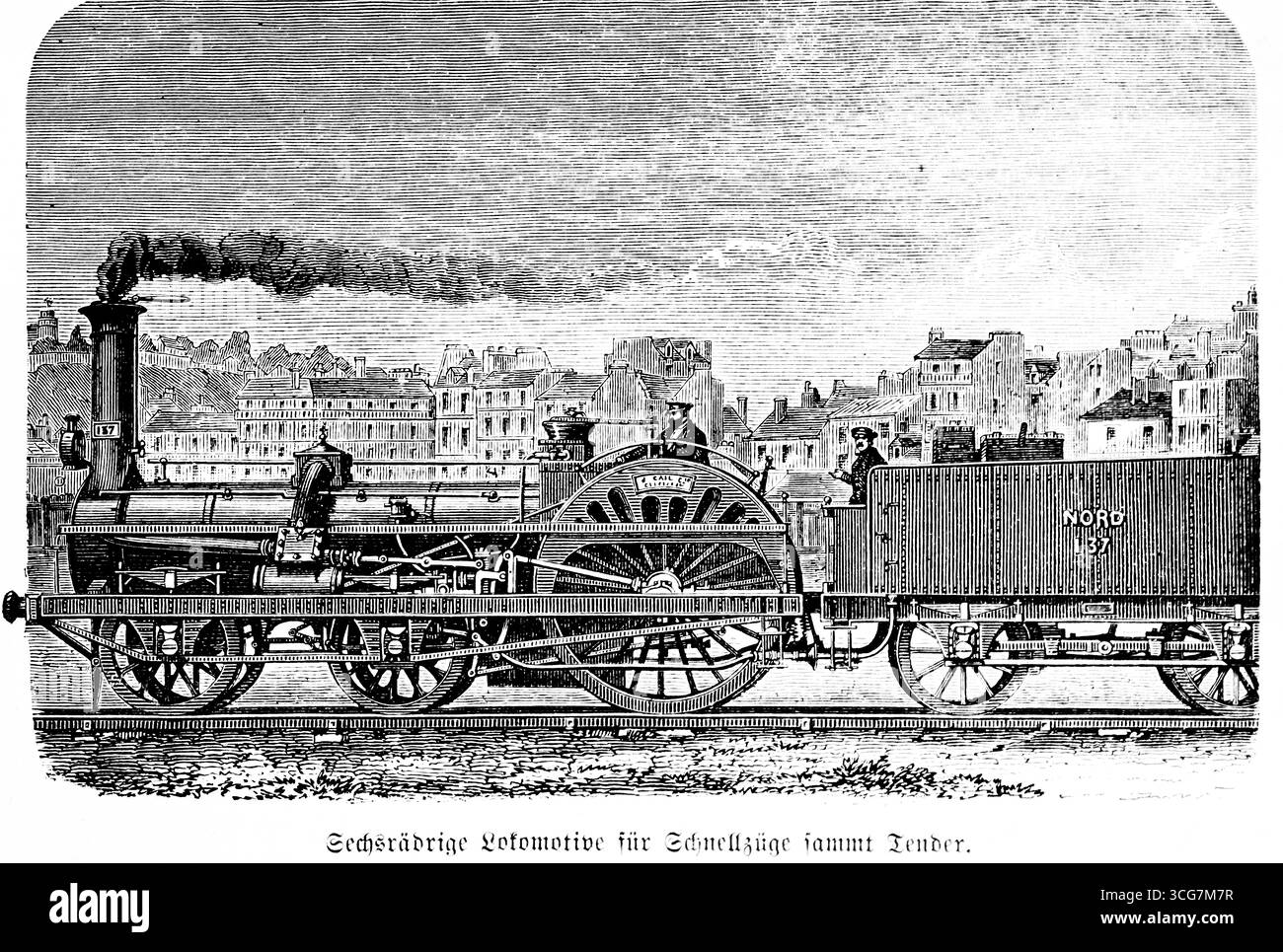 Six-wheel locomotive for express trains with tender, smoking steam ...
