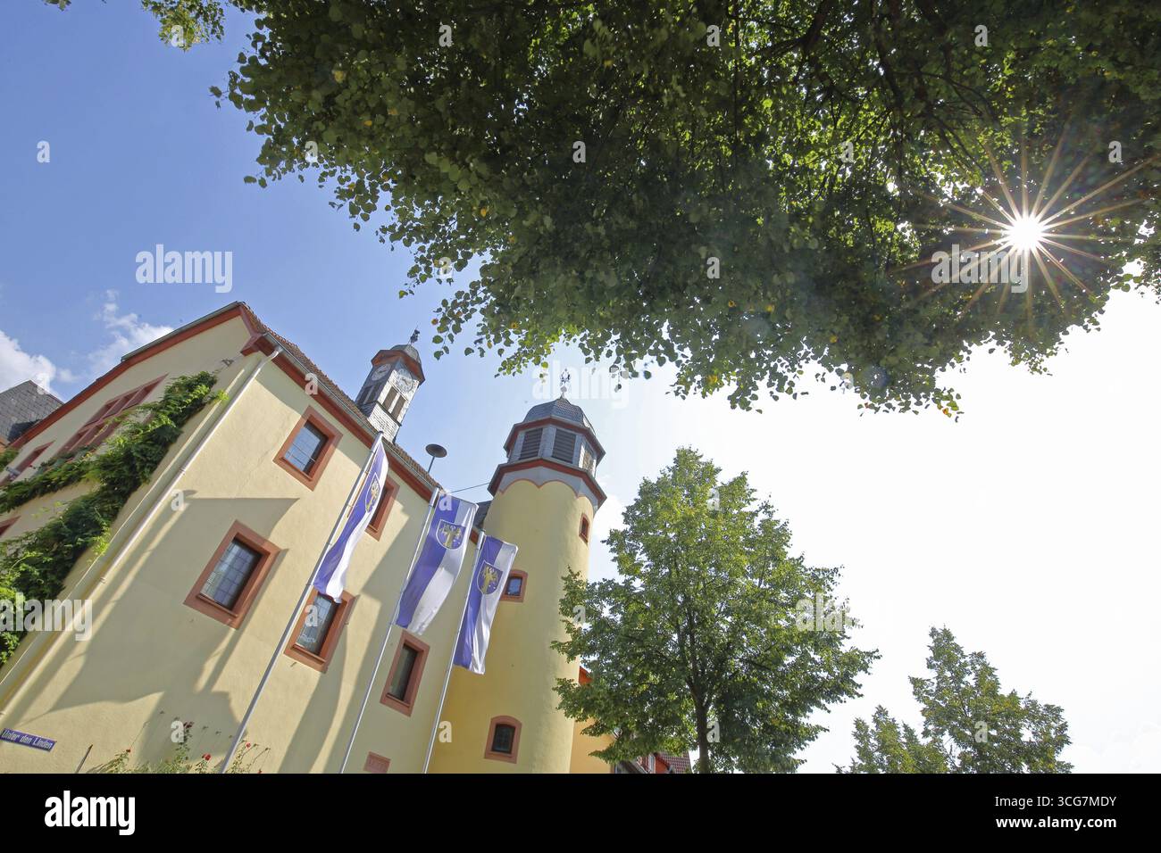 Town hall built in the 16th century with town flag and backlight, view ...