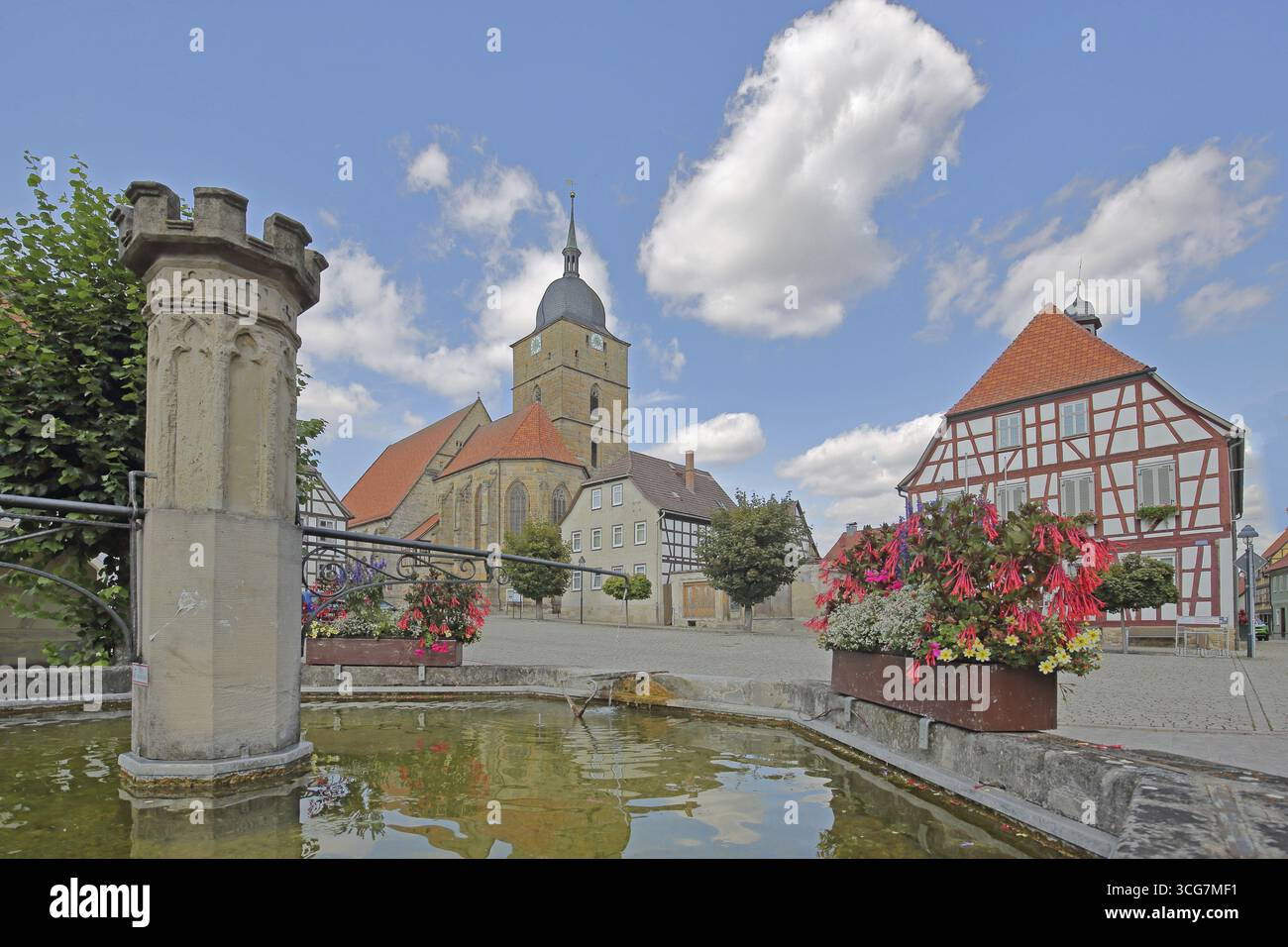 Market fountain, town hall and town church of Our Lady built 16th ...