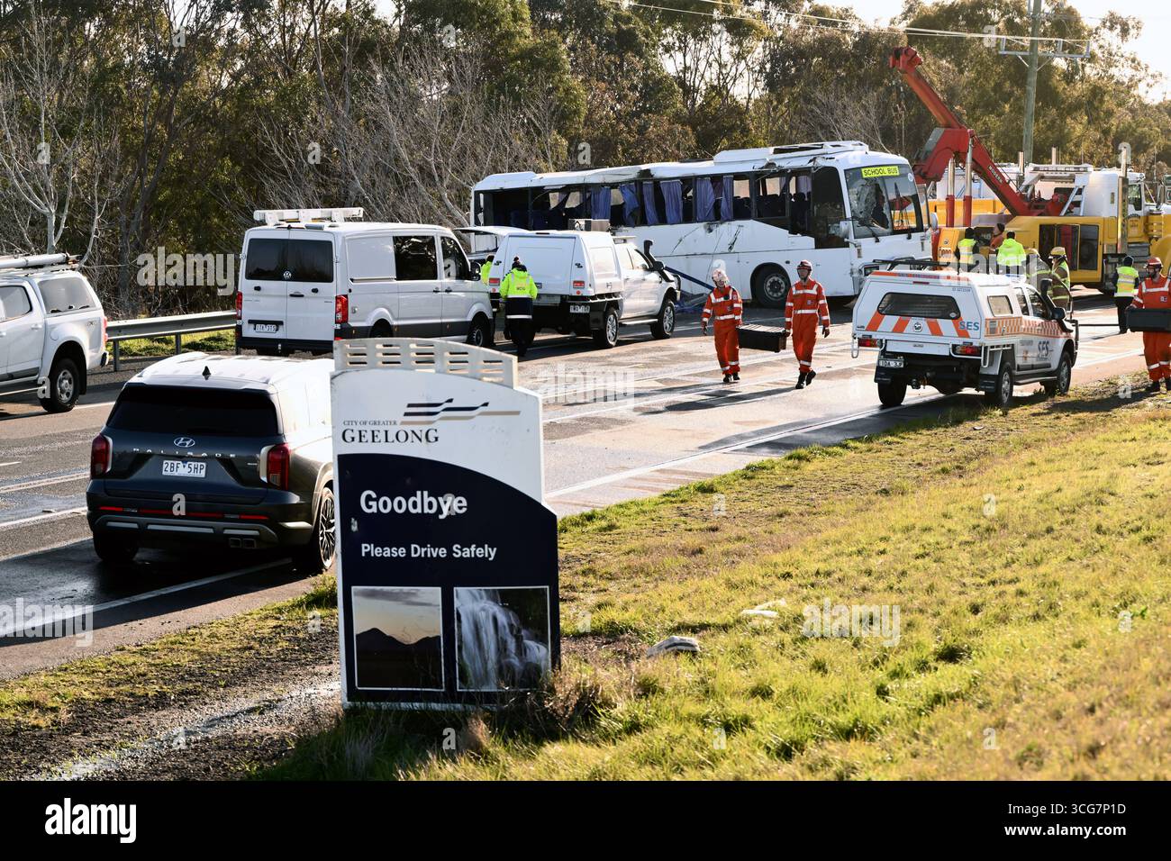 Rescue workers at the scene of a fatal school bus accident on the ...