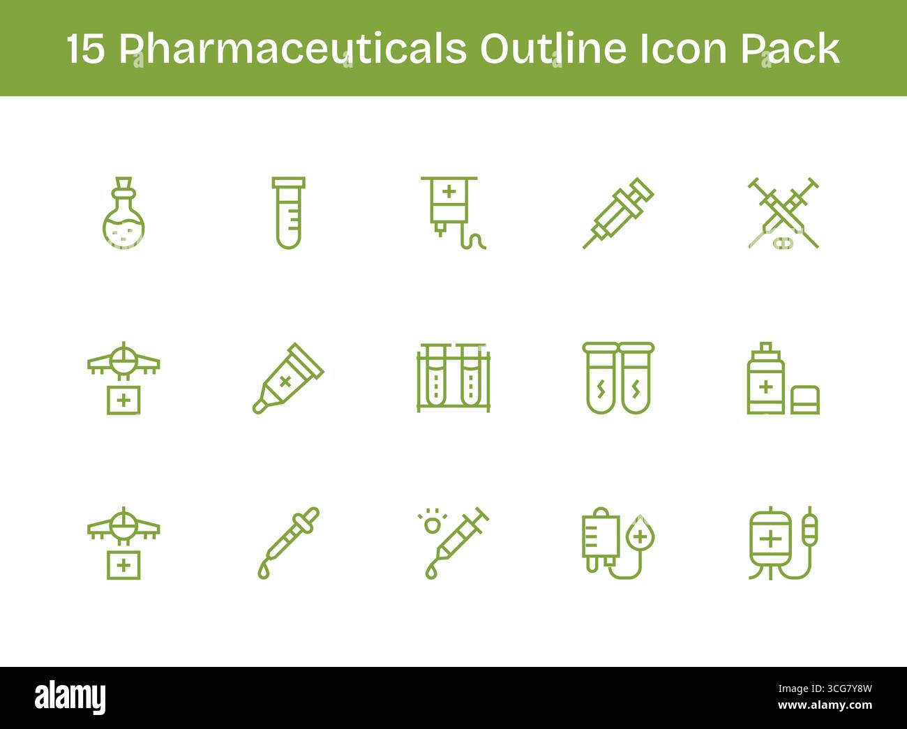 A clean collection of 15 Outline icons representing Pharmaceuticals ...