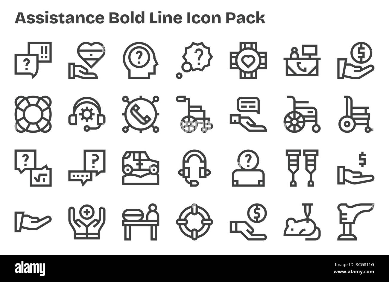 Set of 28 Extra Bold Line-style icons themed around Assistance, crafted ...