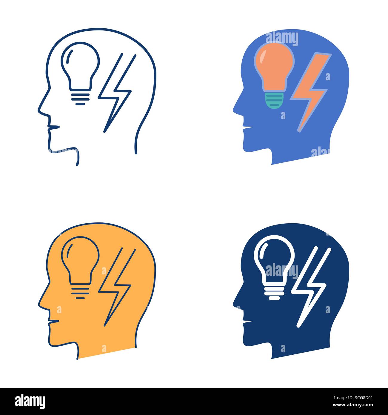 ADHD flat and line icon set. Head with light bulb and lightning ...