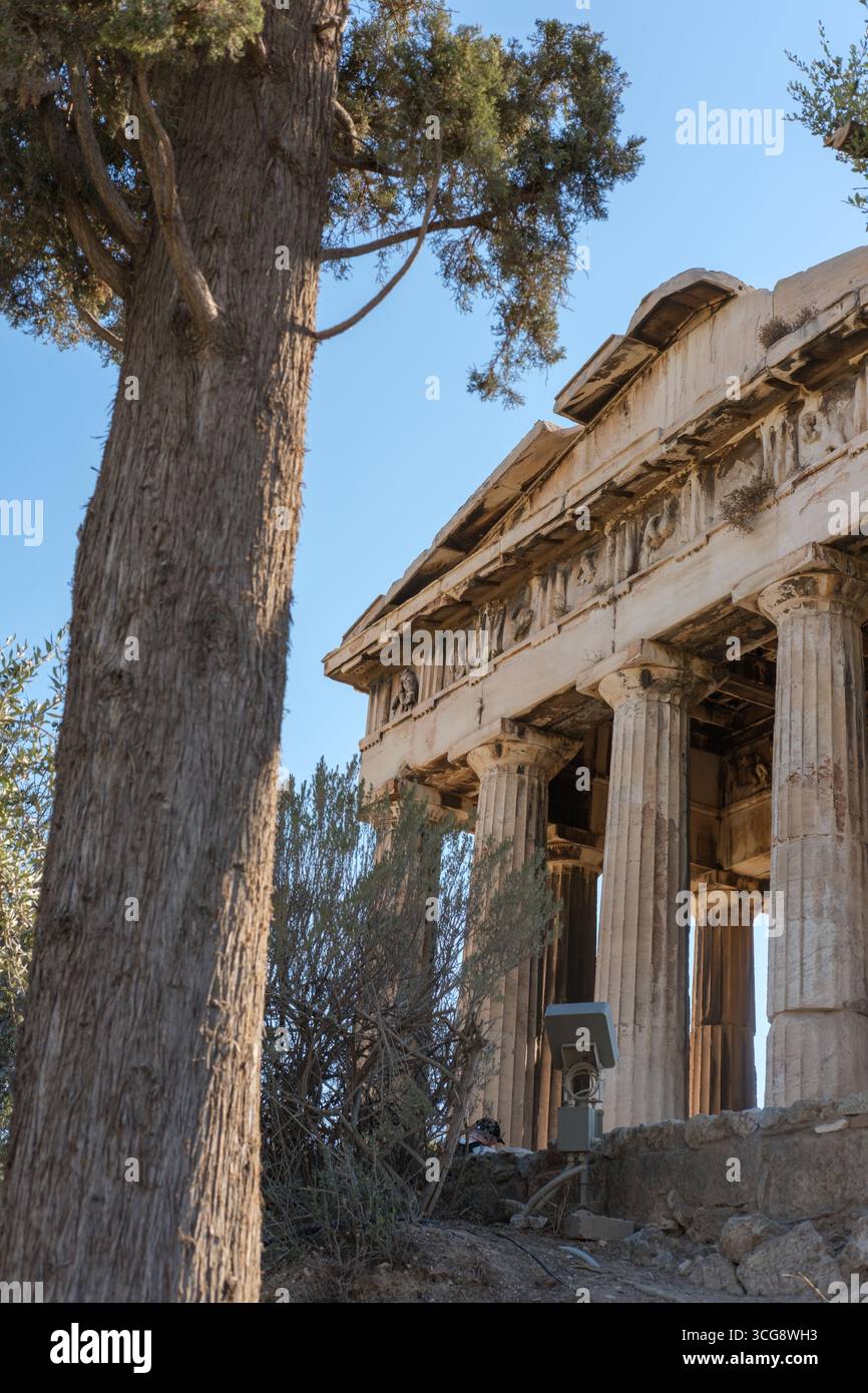 View of ancient columns and ruins of a temple, embraced by the shadow ...